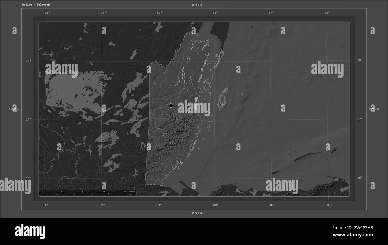 Belize highlighted on a Bilevel elevation map with lakes and rivers map ...
