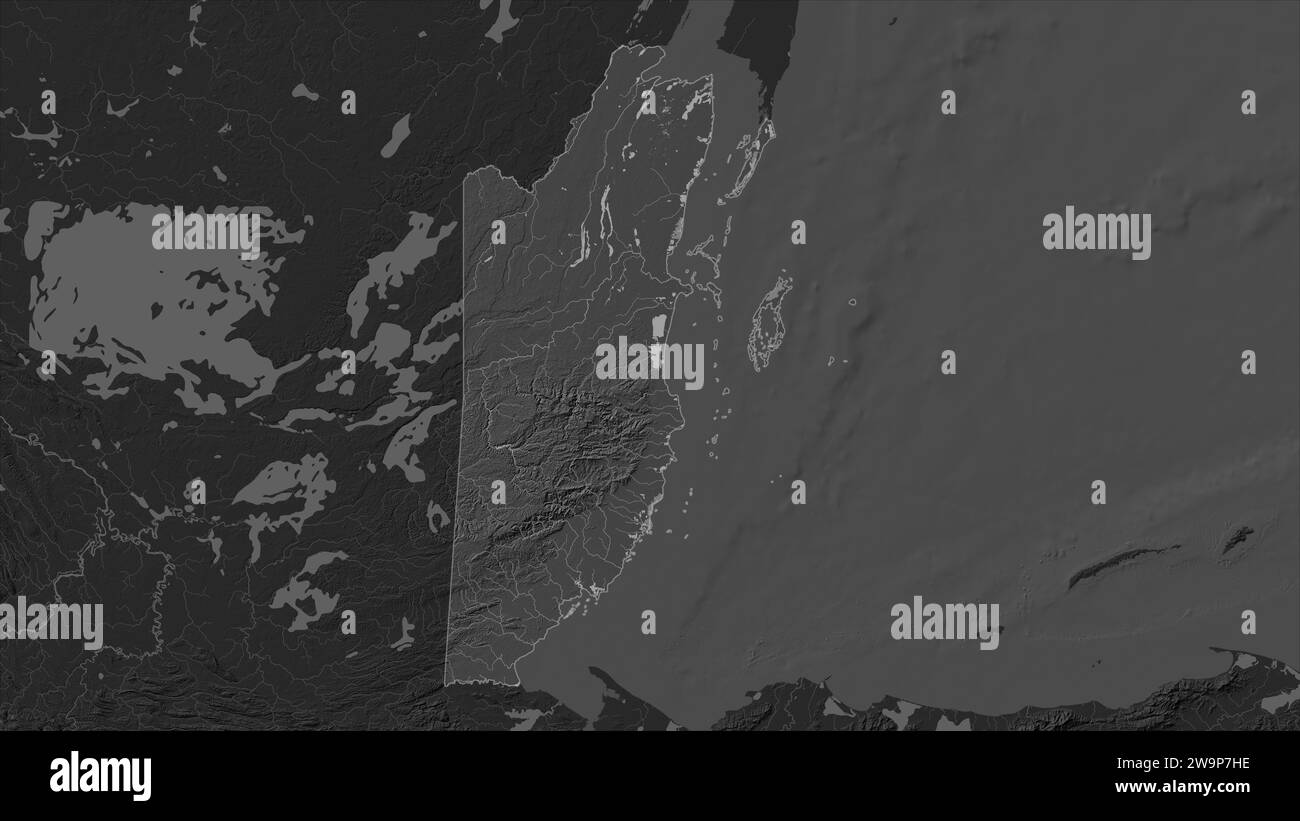 Belize highlighted on a Bilevel elevation map with lakes and rivers ...