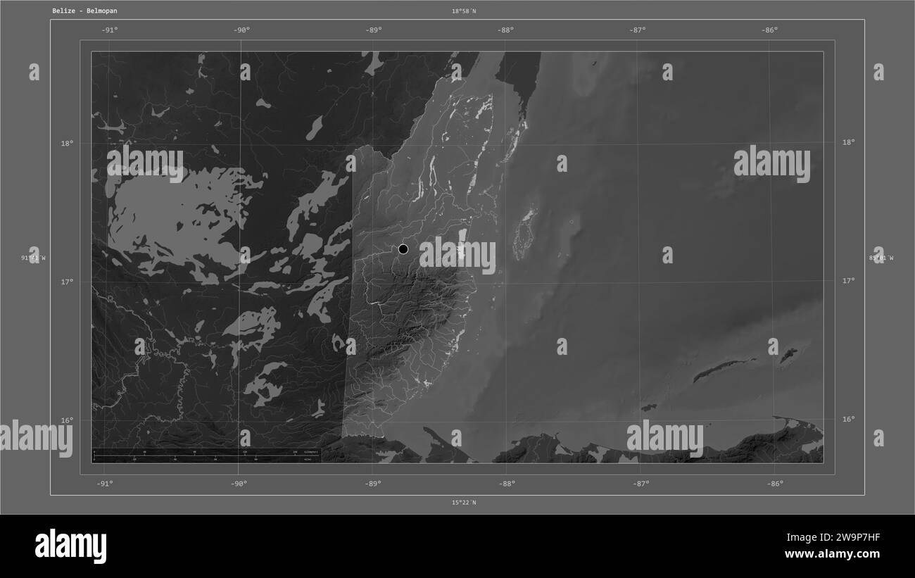 Belize highlighted on a Grayscale elevation map with lakes and rivers map with the country's ...