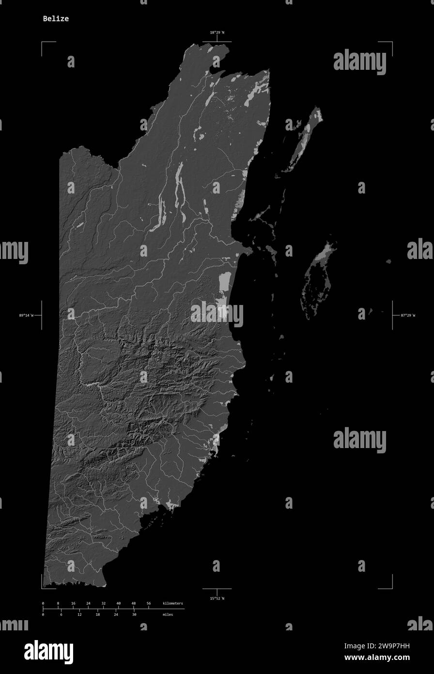 Shape of a Bilevel elevation map with lakes and rivers of the Belize, with distance scale and ...