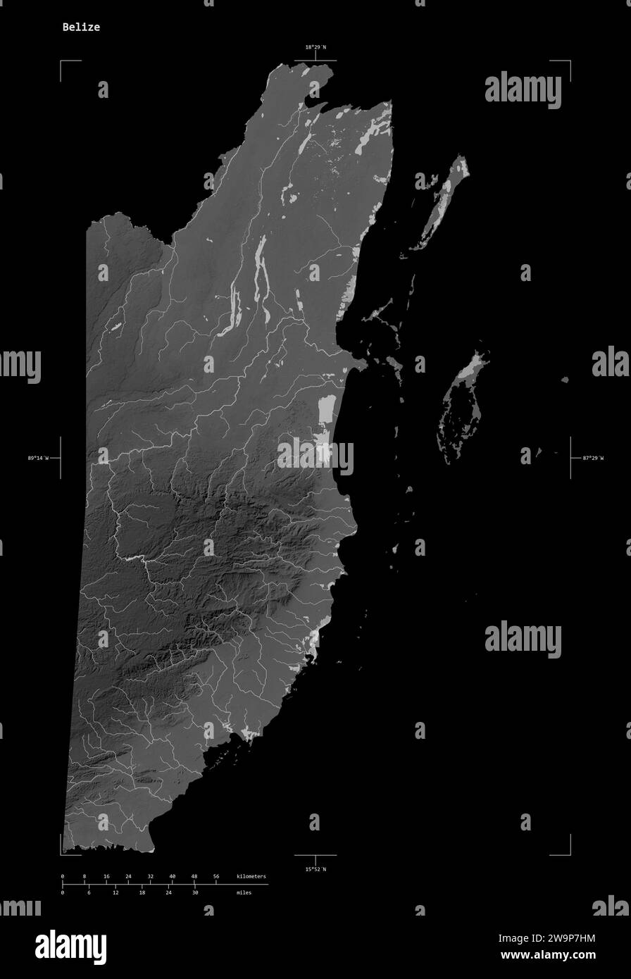 Shape of a Grayscale elevation map with lakes and rivers of the Belize, with distance scale and ...