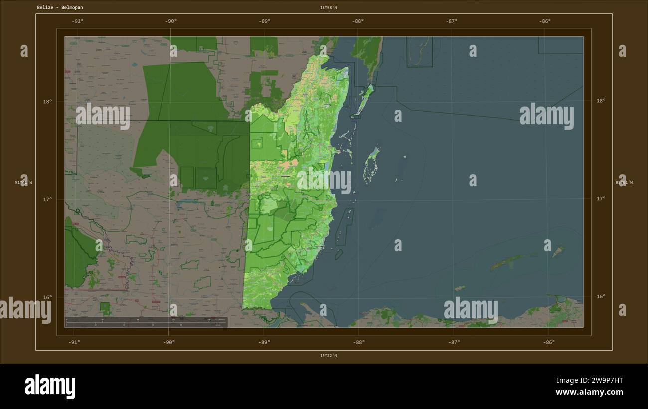 Belize highlighted on a topographic, OSM France style map map with the ...