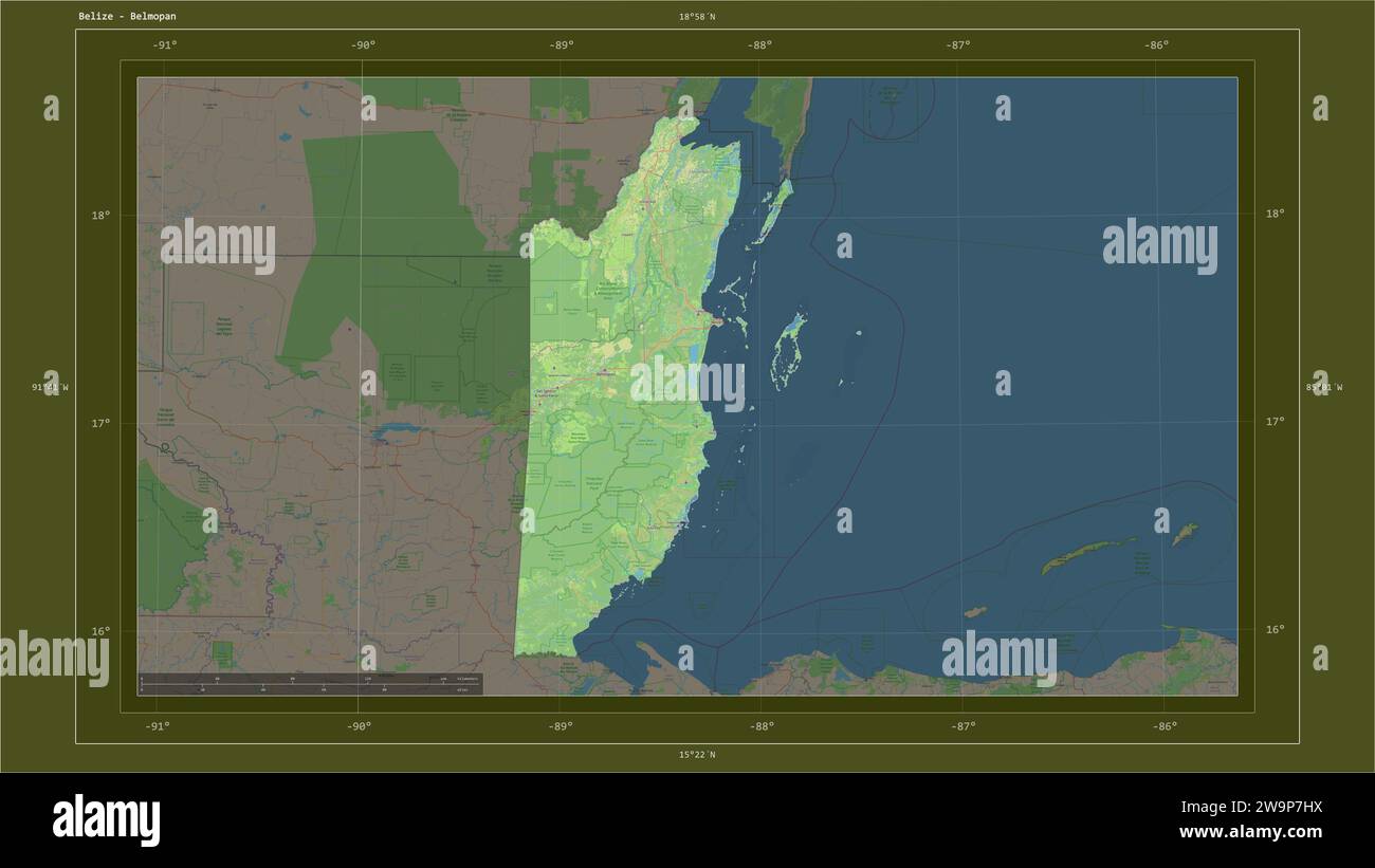 Belize highlighted on a topographic, OSM standard style map map with ...