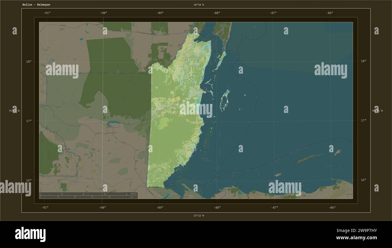 Belize highlighted on a topographic, OSM Humanitarian style map map ...