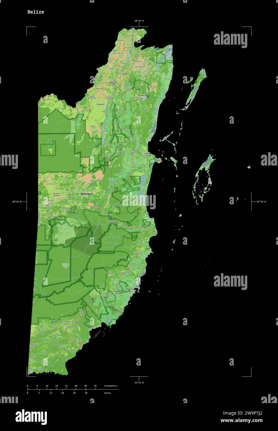Shape of a topographic, OSM France style map of the Belize, with ...
