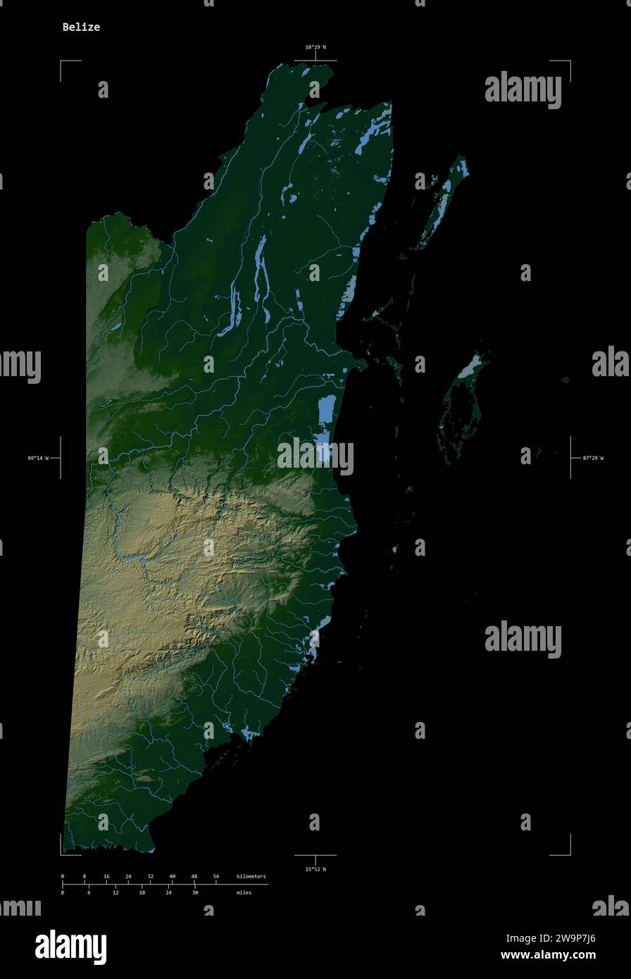 Shape of a Colored elevation map with lakes and rivers of the Belize, with distance scale and ...