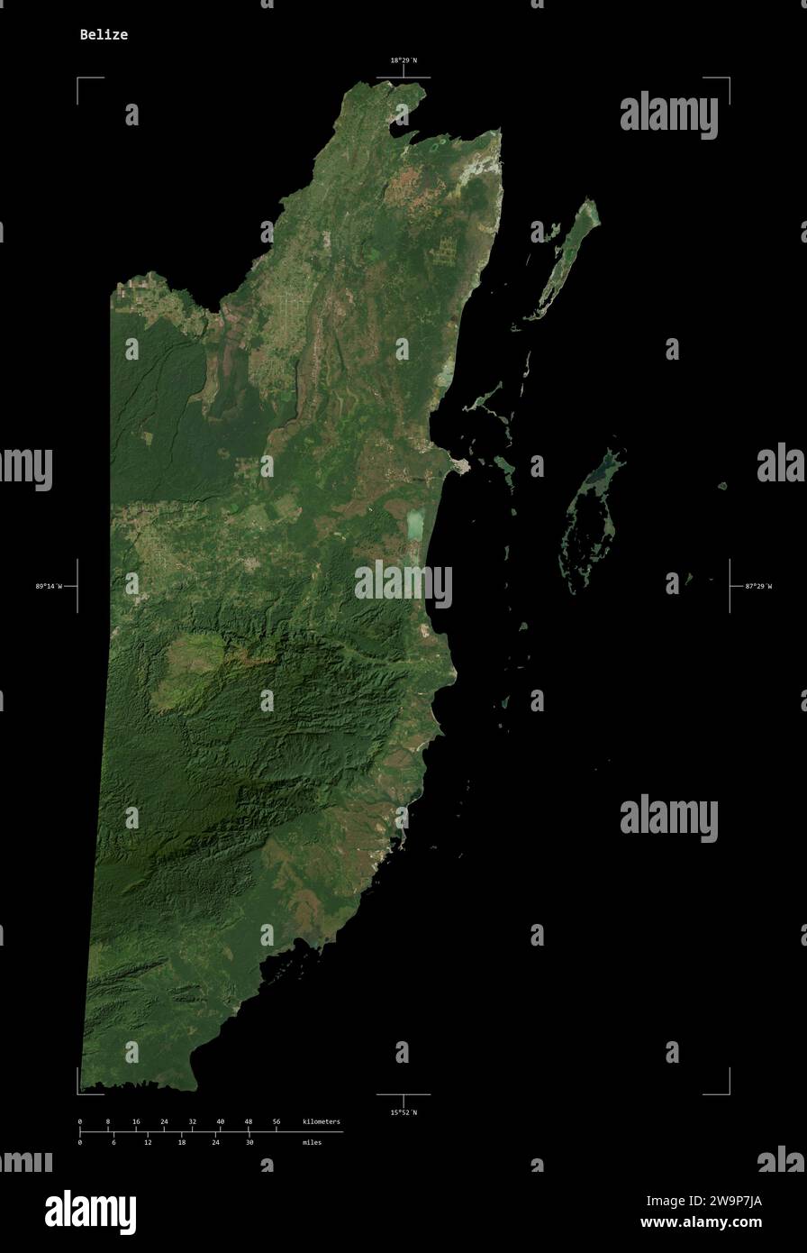 Shape of a low resolution satellite map of the Belize, with distance ...