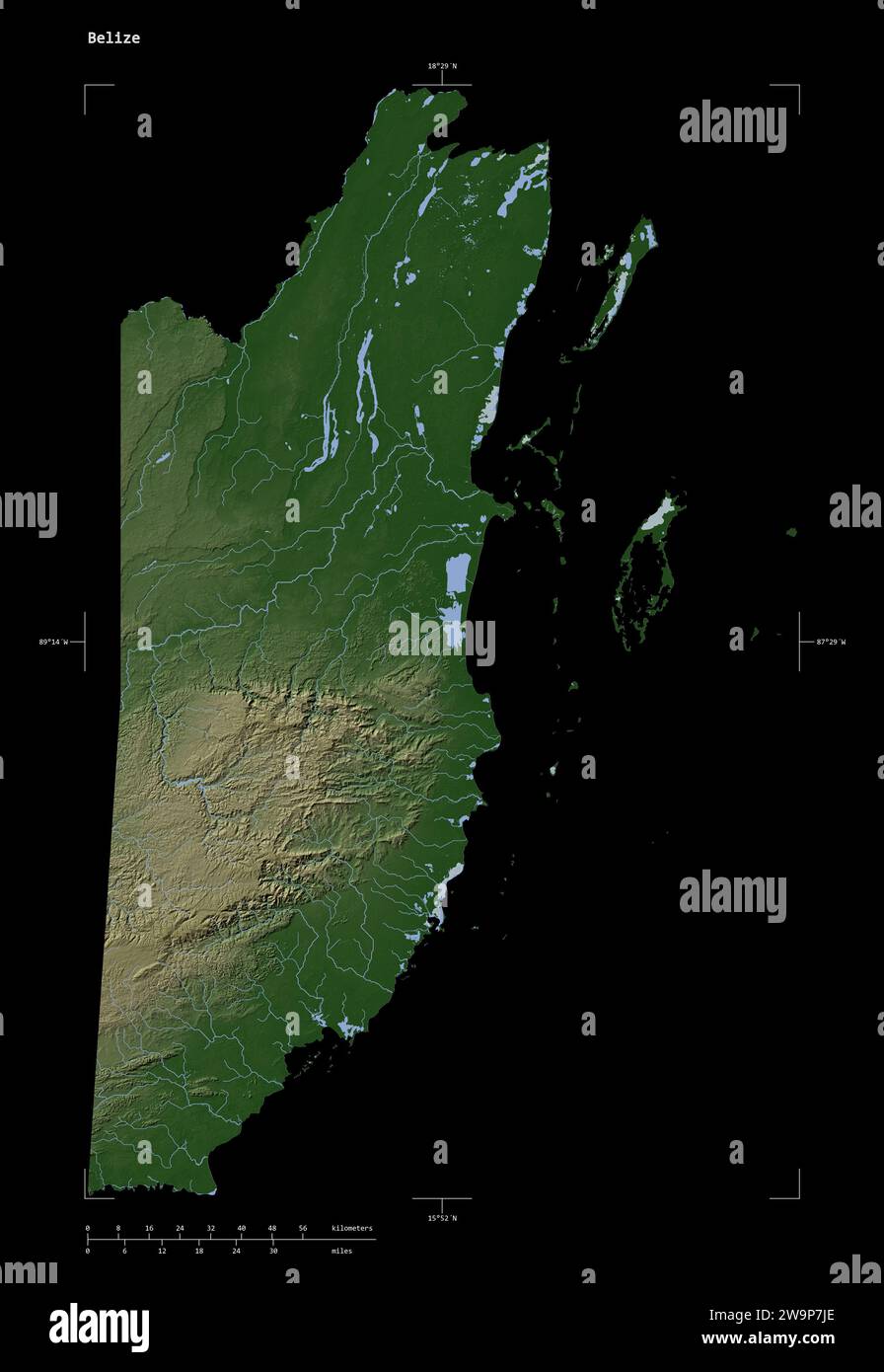 Shape of a Pale colored elevation map with lakes and rivers of the Belize, with distance scale ...