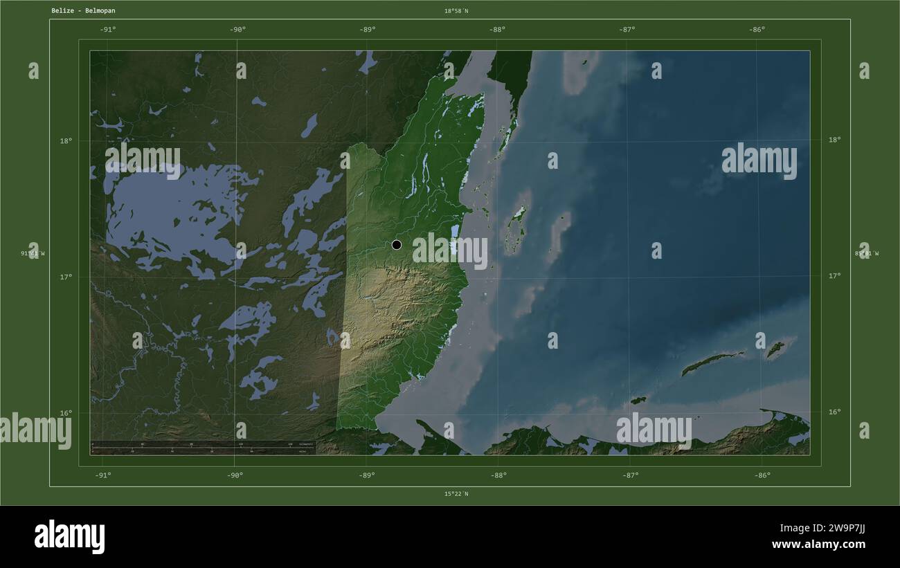 Belize highlighted on a Pale colored elevation map with lakes and ...
