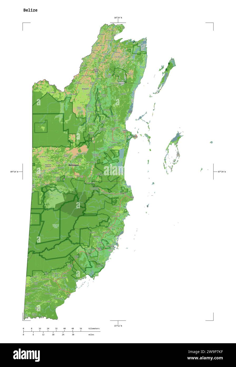 Shape of a topographic, OSM France style map of the Belize, with ...