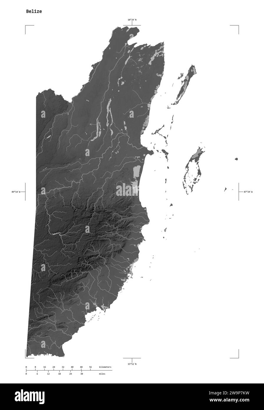 Shape of a Grayscale elevation map with lakes and rivers of the Belize, with distance scale and ...