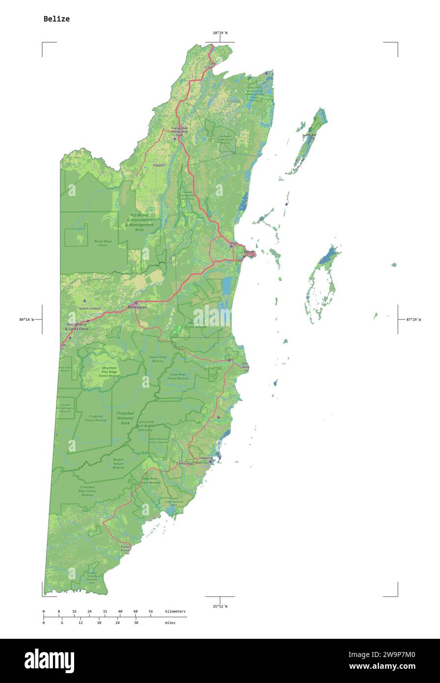 Shape of a topographic, OSM Germany style map of the Belize, with distance scale and map border ...