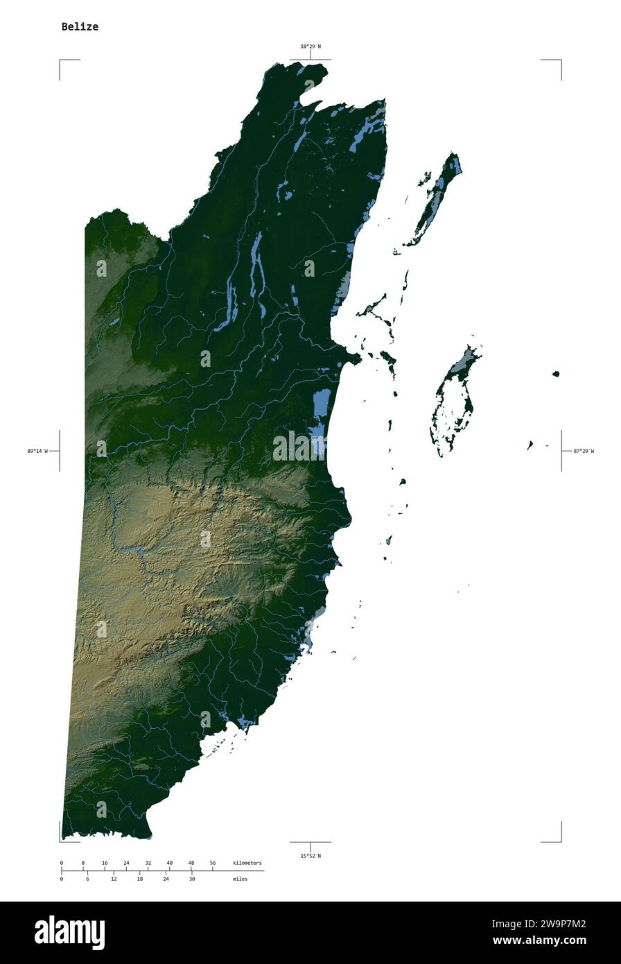 Shape of a Colored elevation map with lakes and rivers of the Belize ...