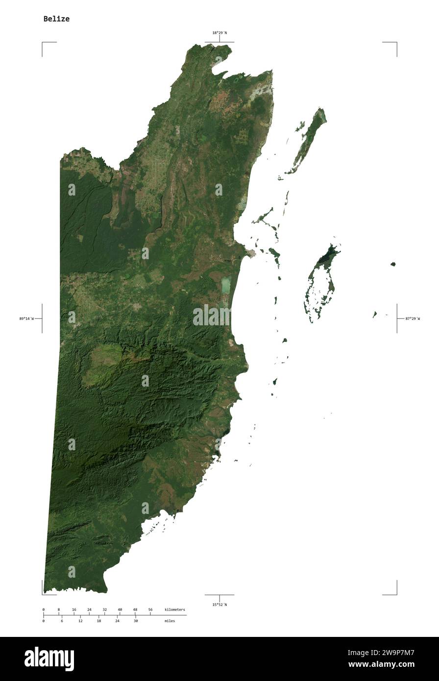 Shape of a low resolution satellite map of the Belize, with distance ...
