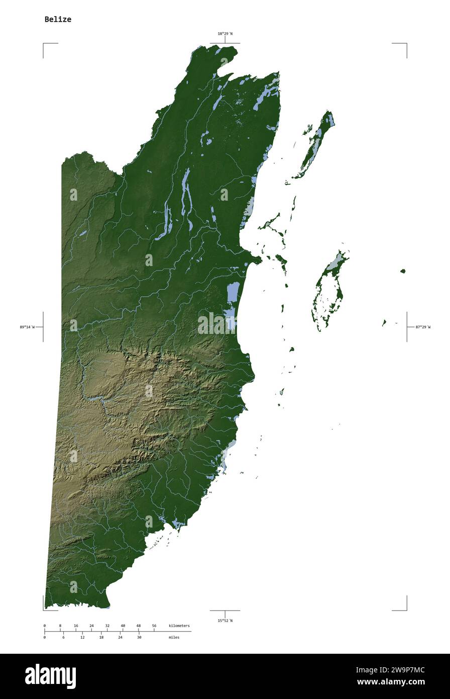 Shape of a Pale colored elevation map with lakes and rivers of the Belize, with distance scale ...