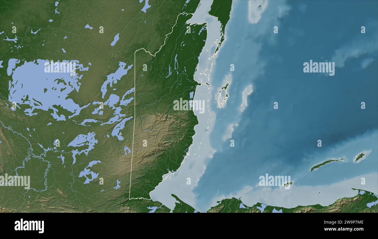 Belize outlined on a Pale colored elevation map with lakes and rivers ...