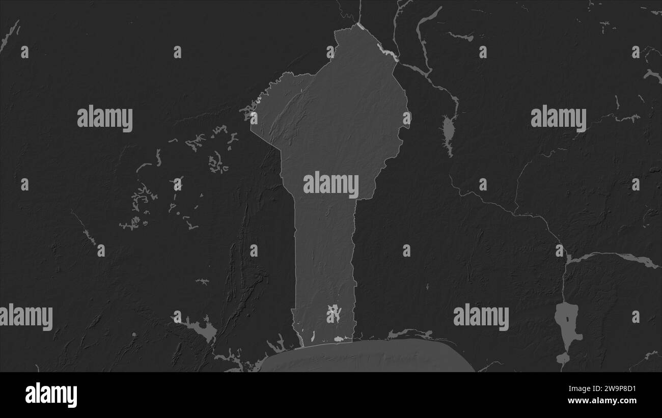 Benin highlighted on a Bilevel elevation map with lakes and rivers ...