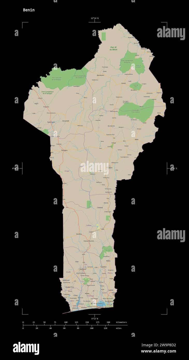 Shape of a topographic, OSM standard style map of the Benin, with ...