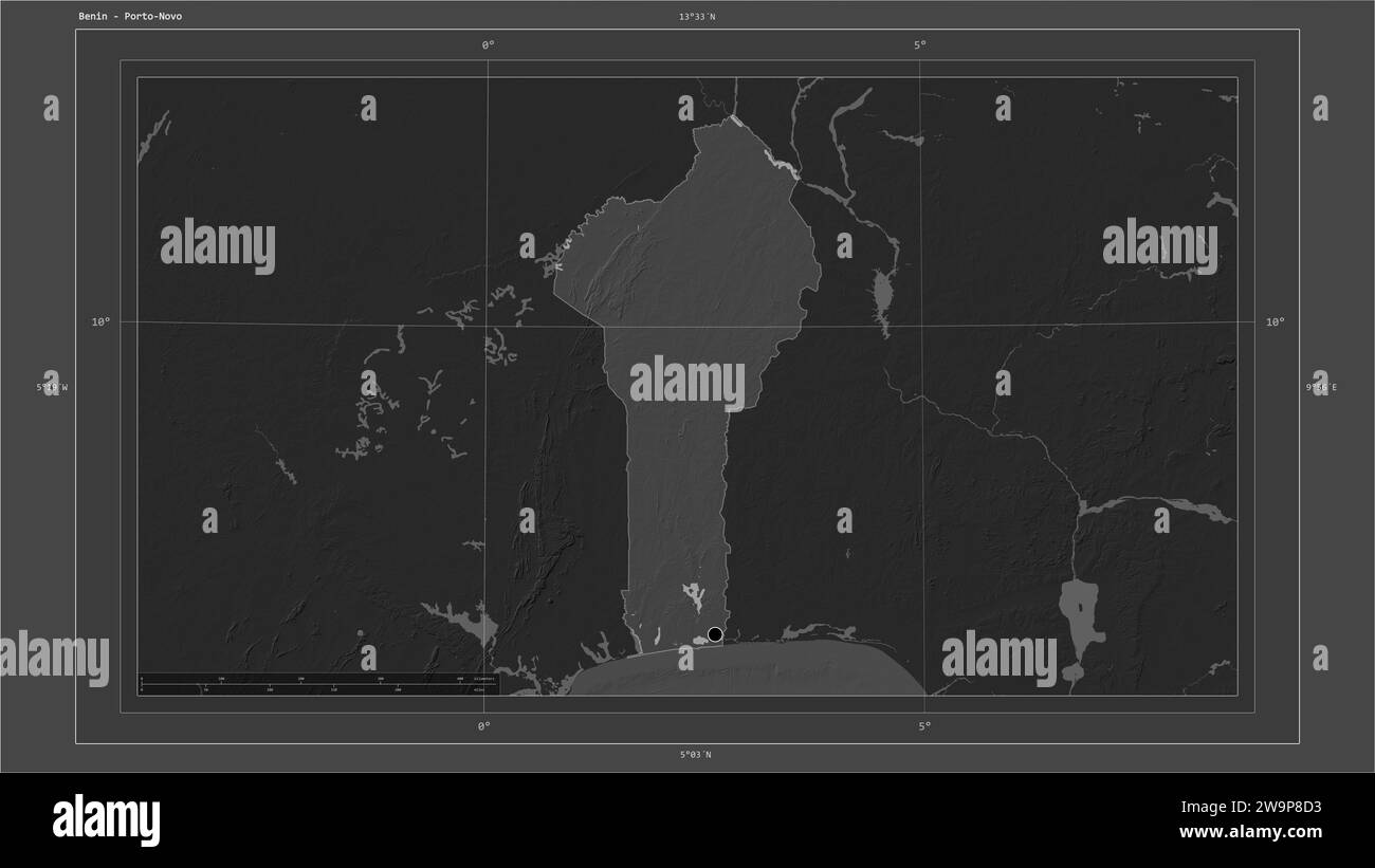 Benin highlighted on a Bilevel elevation map with lakes and rivers map ...
