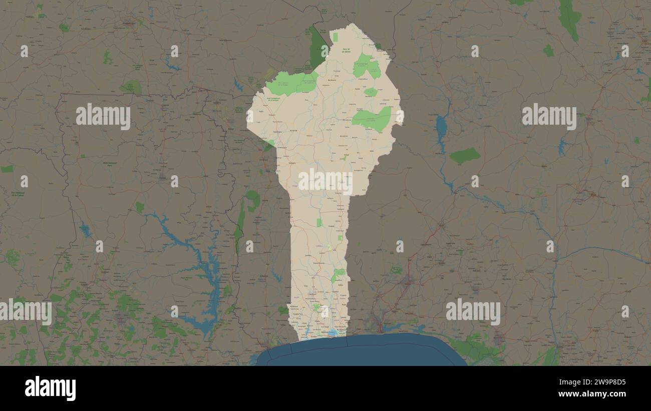 Benin highlighted on a topographic, OSM standard style map Stock Photo ...