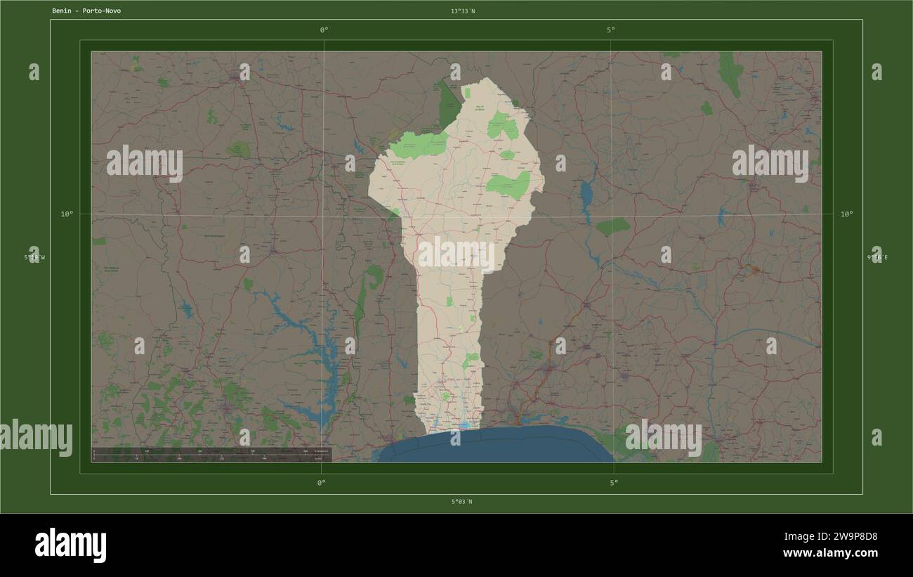Benin highlighted on a topographic, OSM Germany style map map with the country's capital point ...