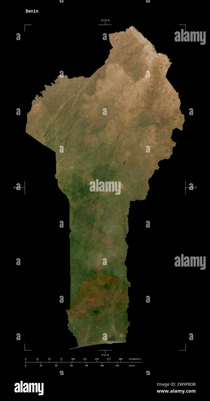 Shape of a low resolution satellite map of the Benin, with distance ...