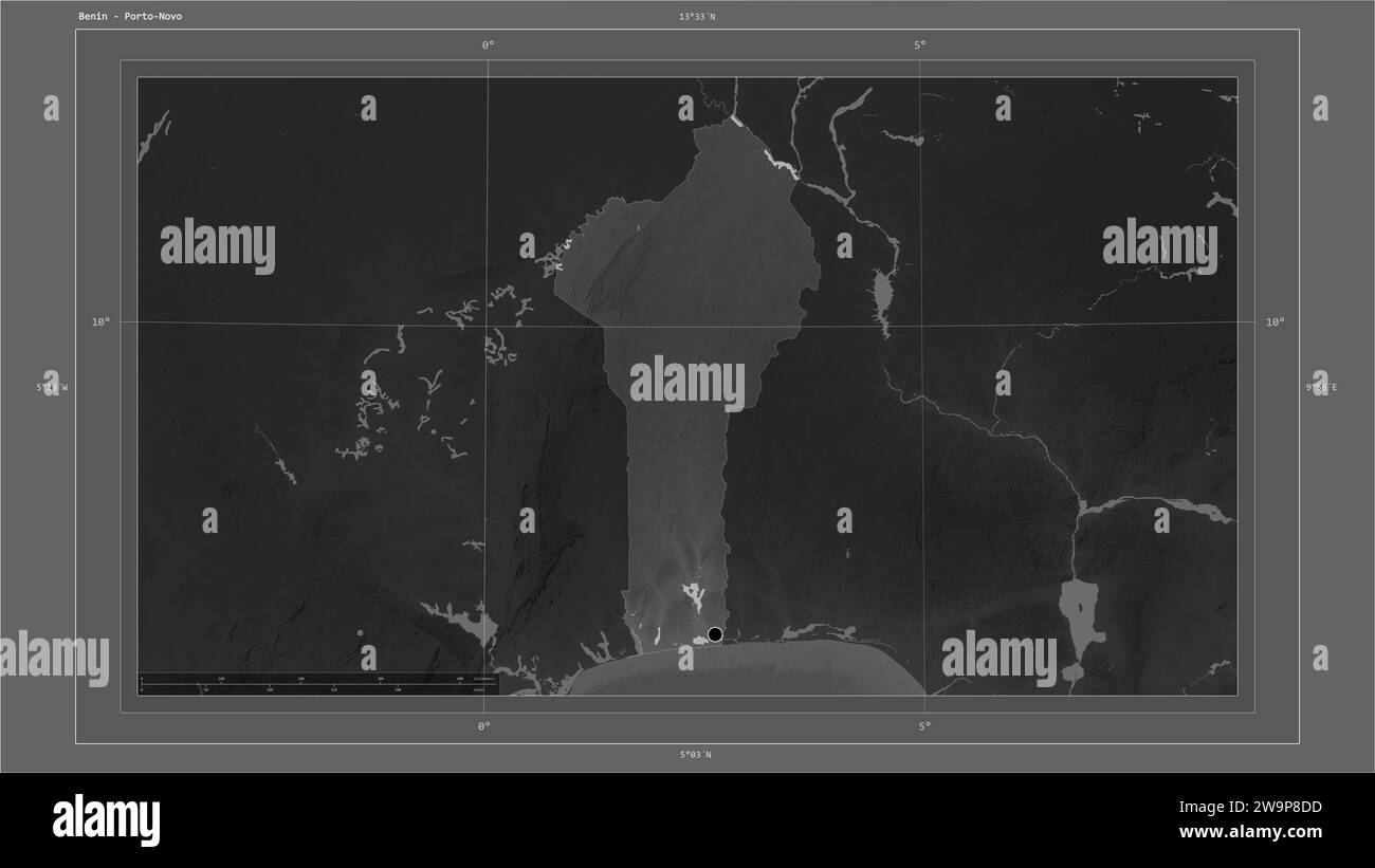 Benin highlighted on a Grayscale elevation map with lakes and rivers ...