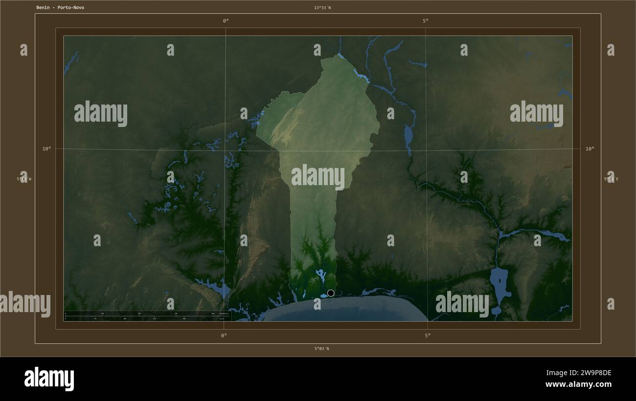 Benin highlighted on a Colored elevation map with lakes and rivers map ...