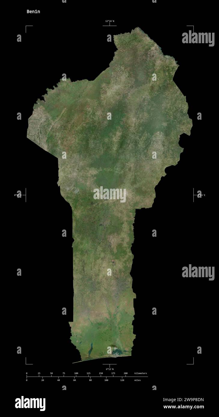 Shape of a high resolution satellite map of the Benin, with distance ...