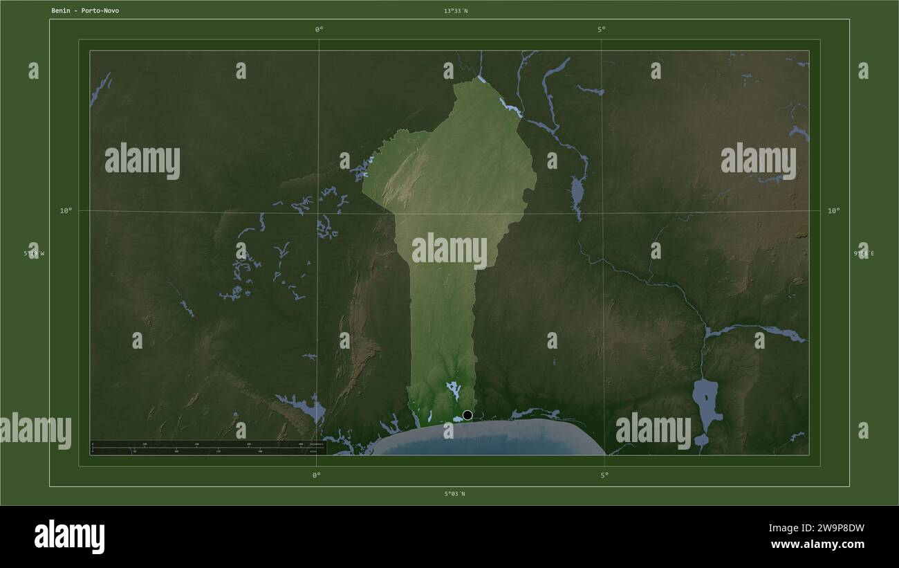 Benin highlighted on a Pale colored elevation map with lakes and rivers ...