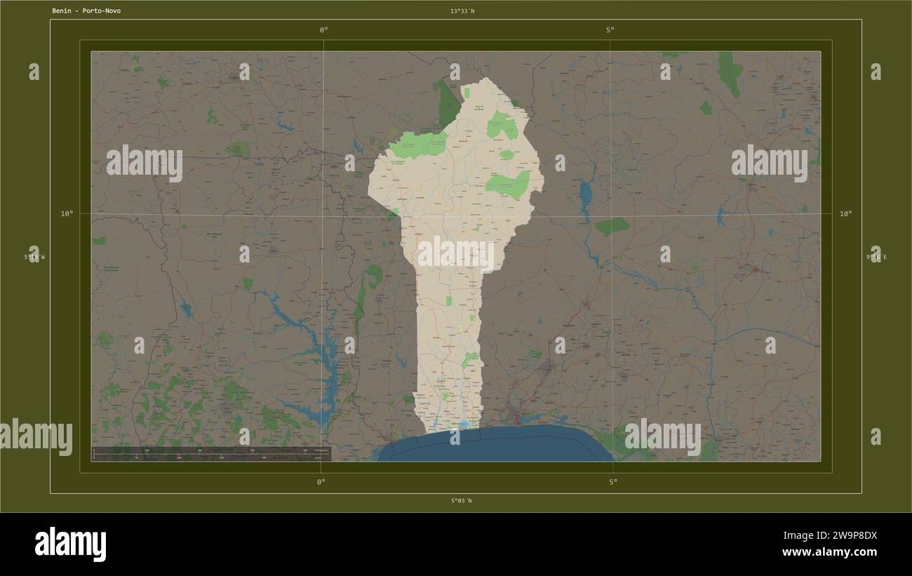 Benin highlighted on a topographic, OSM standard style map map with the ...