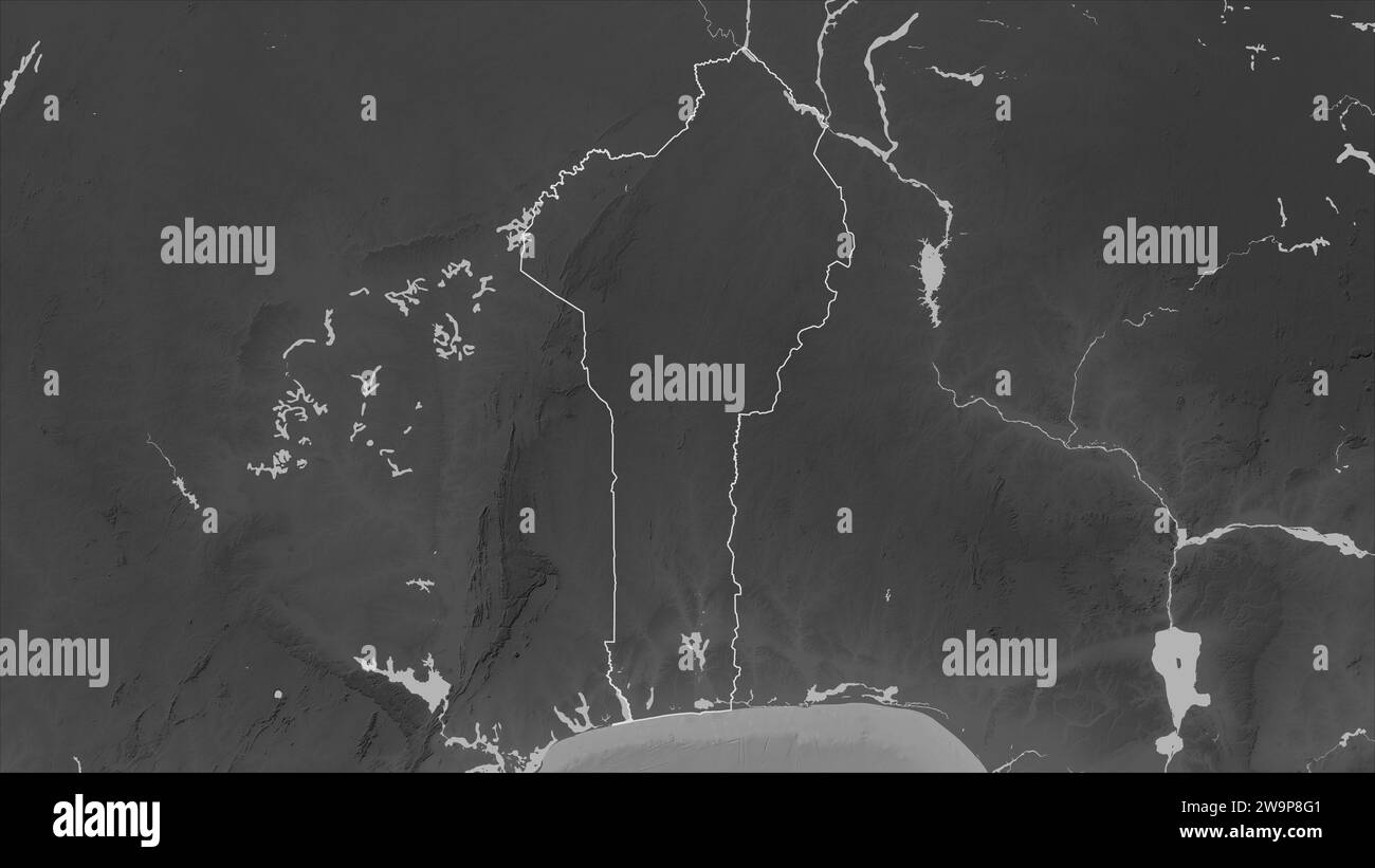 Benin Outlined On A Grayscale Elevation Map With Lakes And Rivers Stock