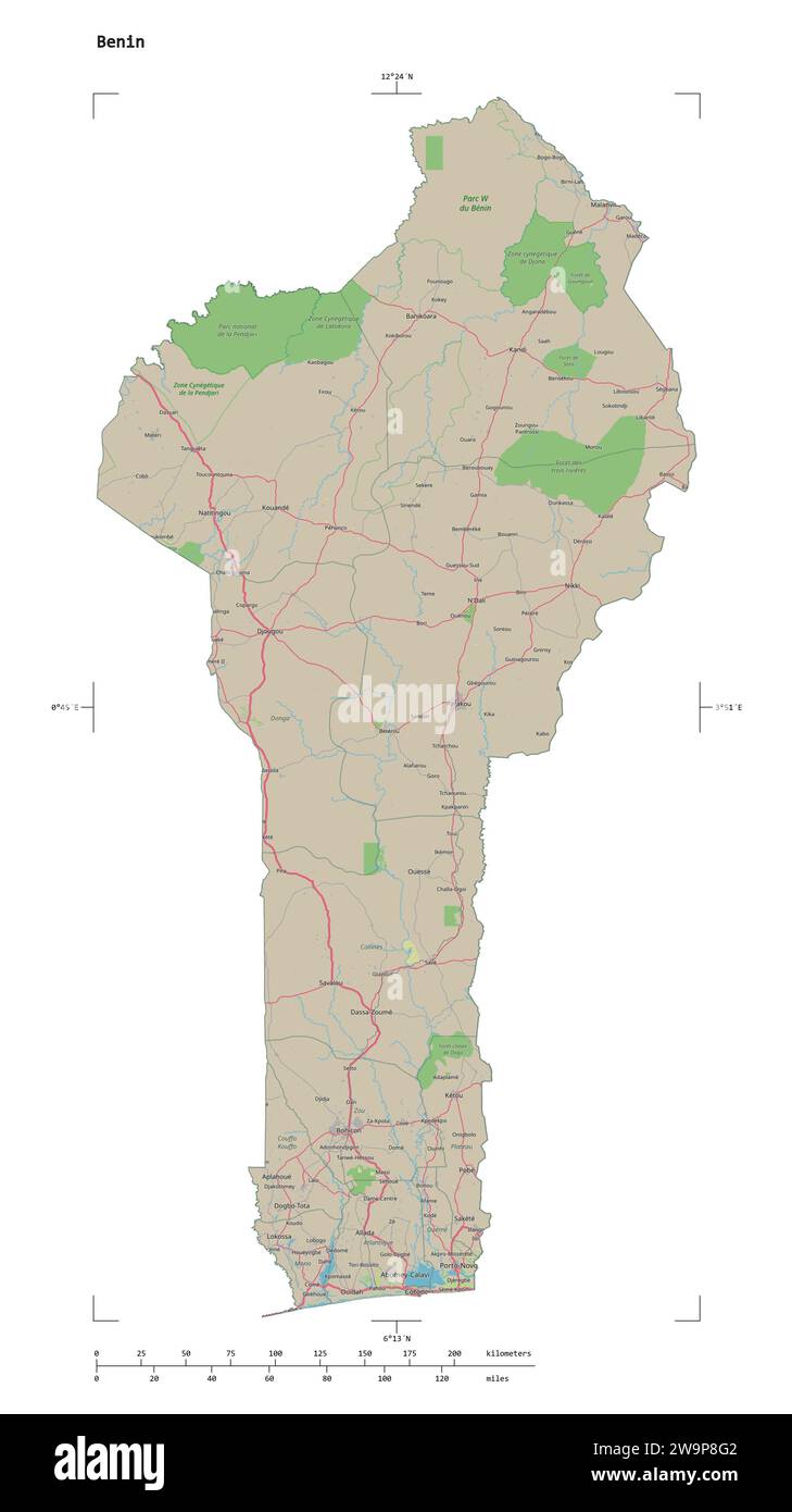 Shape of a topographic, OSM Germany style map of the Benin, with distance scale and map border ...
