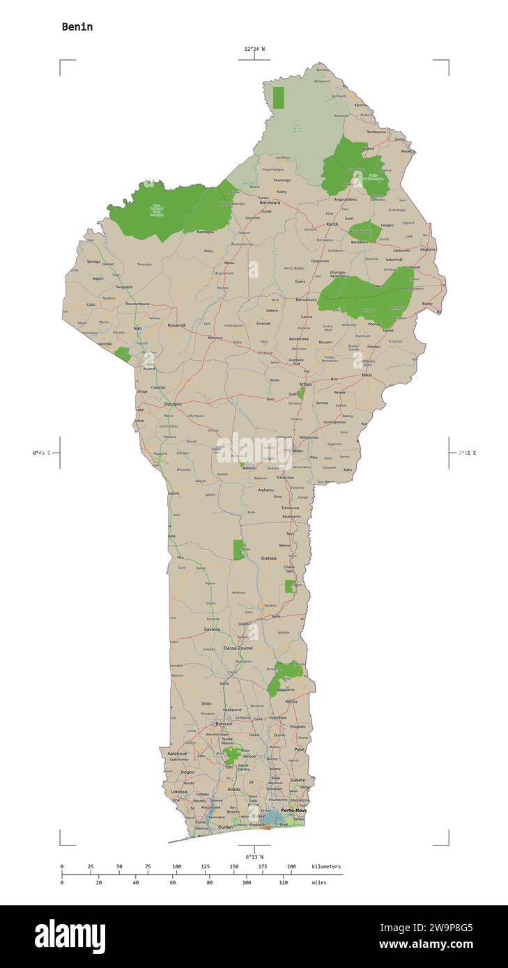 Shape of a topographic, OSM France style map of the Benin, with ...