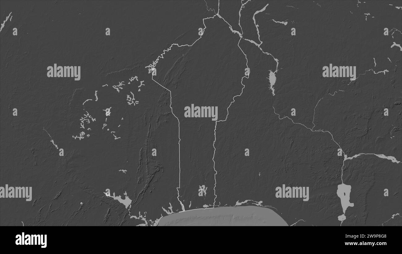 Benin outlined on a Bilevel elevation map with lakes and rivers Stock ...