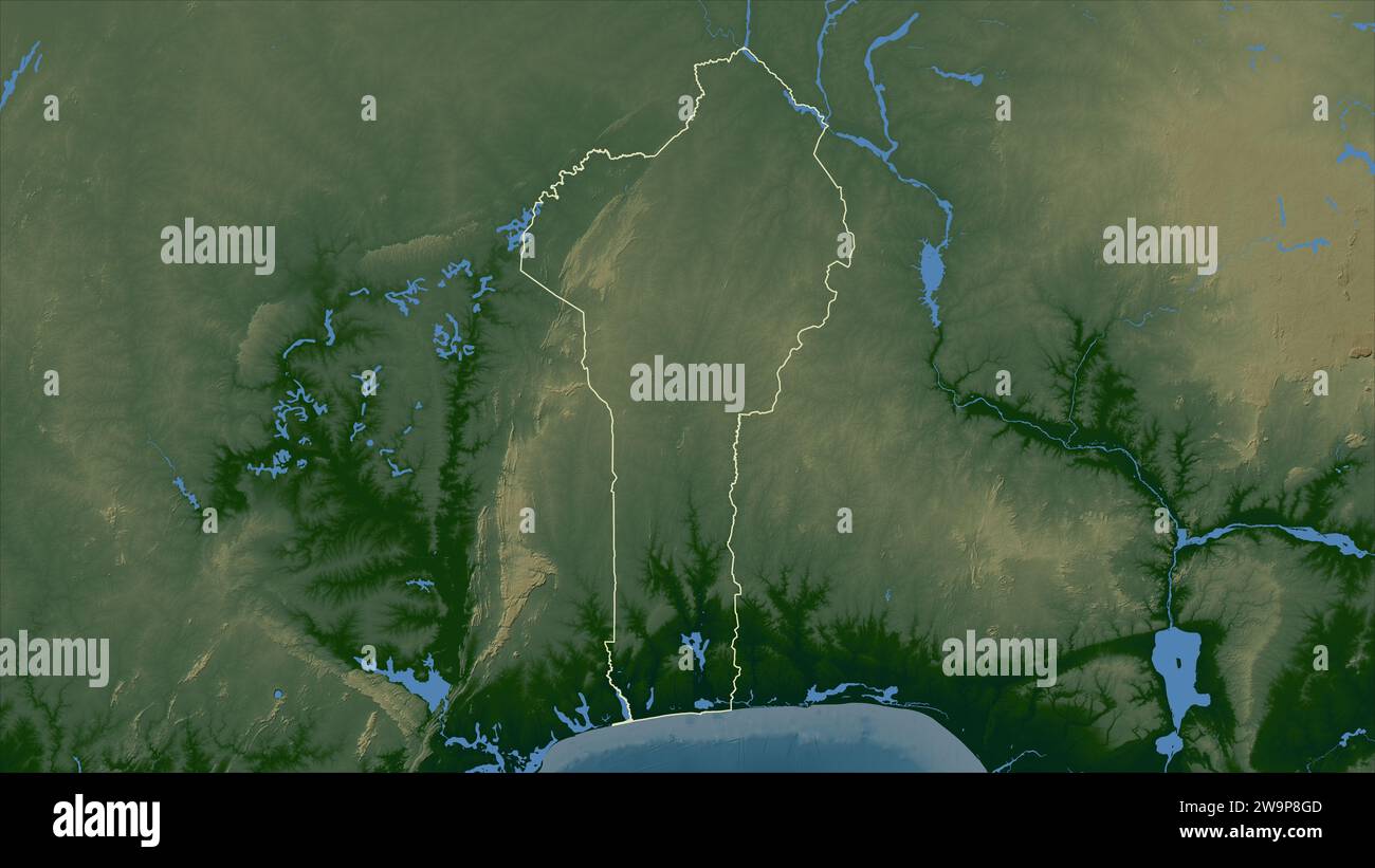 Benin outlined on a Colored elevation map with lakes and rivers Stock ...