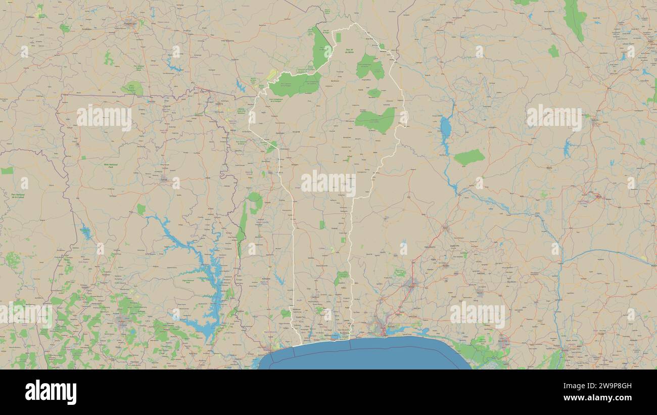 Benin outlined on a topographic, OSM standard style map Stock Photo - Alamy