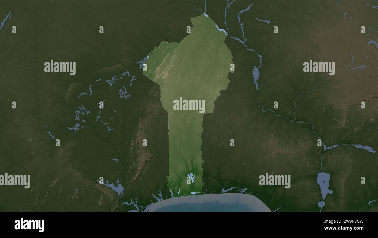 Benin highlighted on a Pale colored elevation map with lakes and rivers ...
