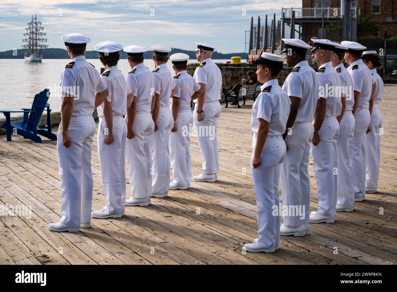 Royal Canadian Navy sailors greet the Colombian Navy sail training ...