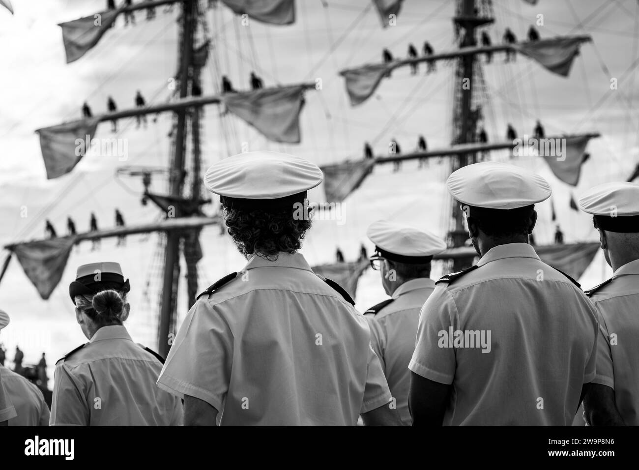 Royal Canadian Navy sailors greet the Colombian Navy sail training ...
