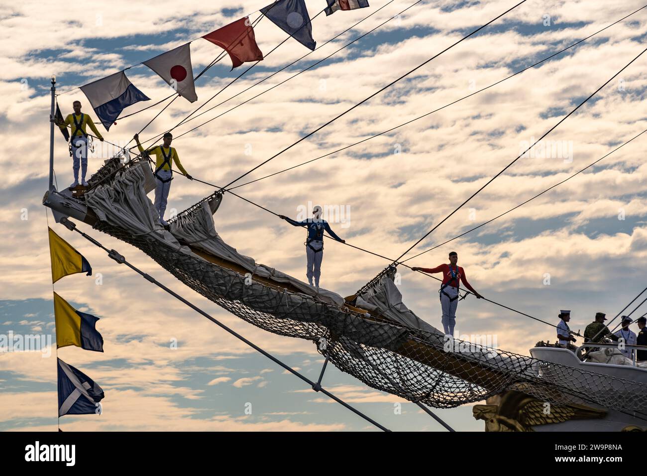 Cadets standing in the rigging of the Colombian Navy sail training ...