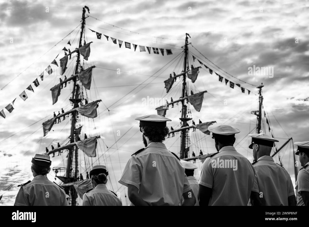 Royal Canadian Navy sailors greet the Colombian Navy sail training ...