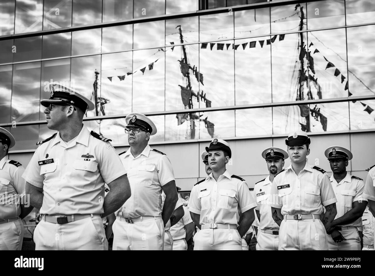 Royal Canadian Navy sailors greet the Colombian Navy sail training ...
