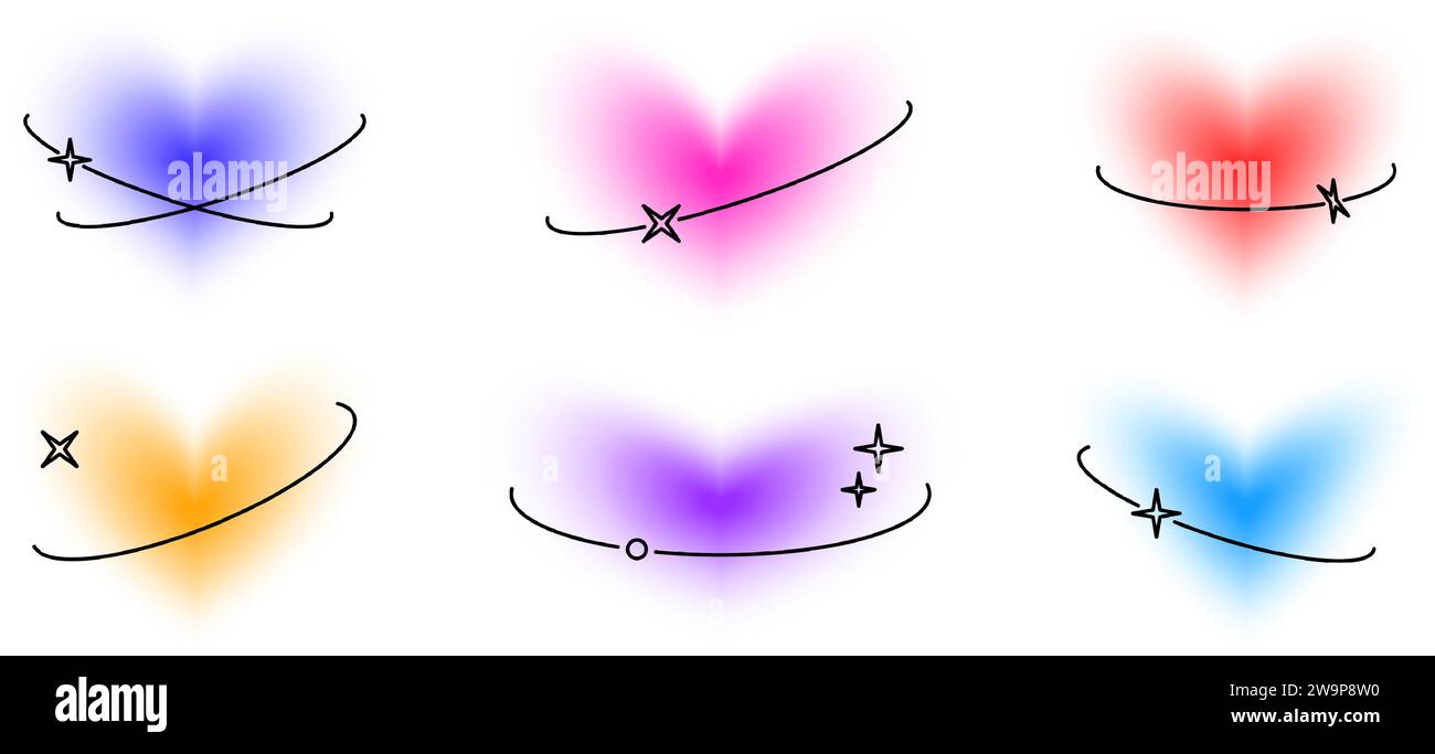 Y2k hearts with eclipse line elements set. Colorful blurry aura shape ...