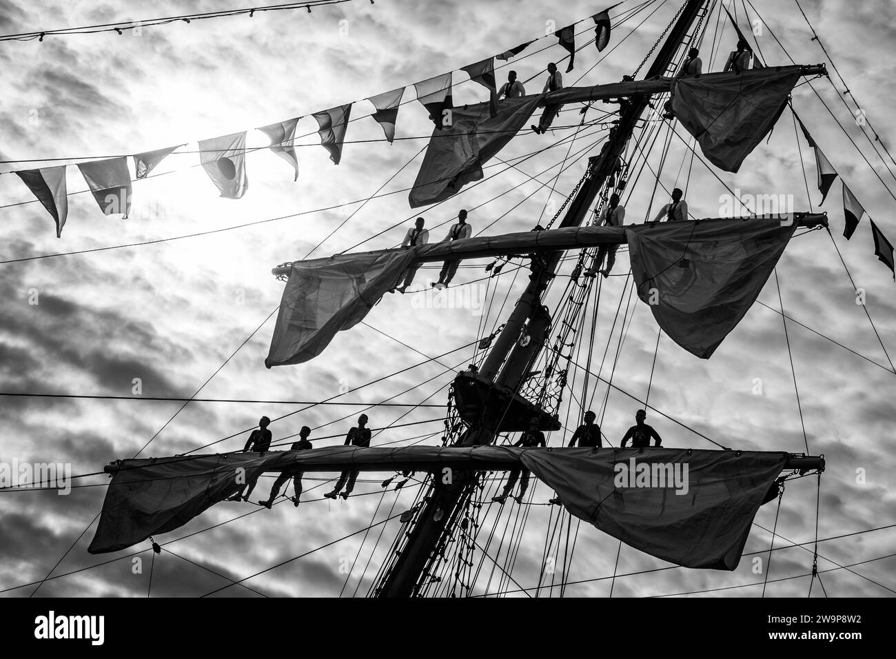 Cadets standing in the rigging of the Colombian Navy sail training ...