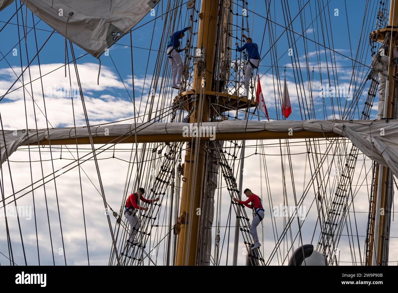 Sailors climbing the rigging of the tall ship ARC Gloria Stock Photo ...