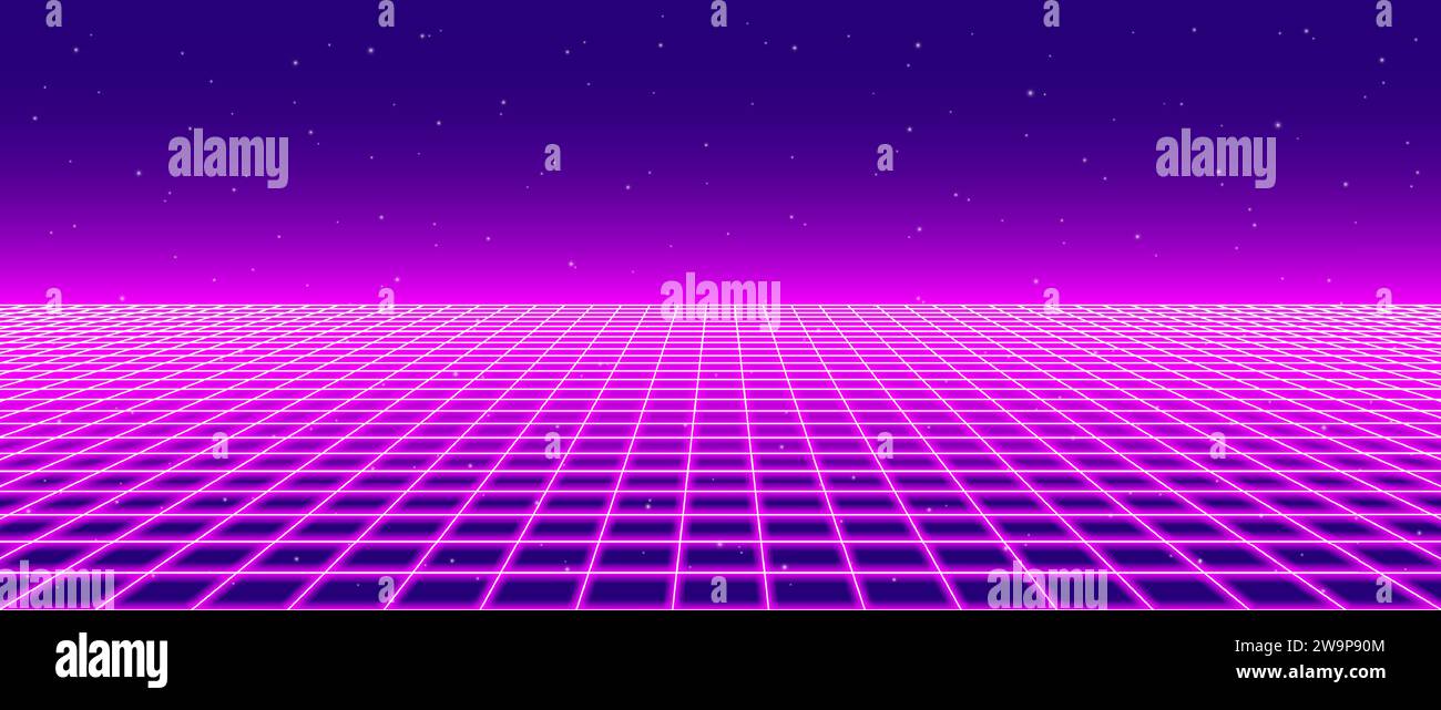 Neon wireframe horizon background. Light pink grid room floor in ...