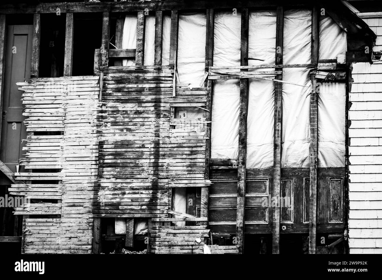 Exposed wall structure and construction of an old house undergoing ...
