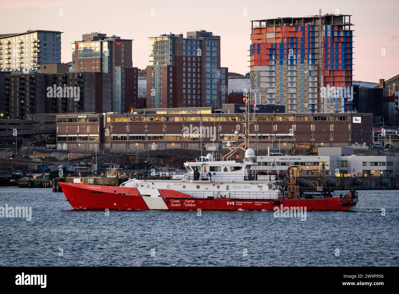 Mid-shore patrol vessel CCGS G. Peddle S.C. departing from the harbour ...