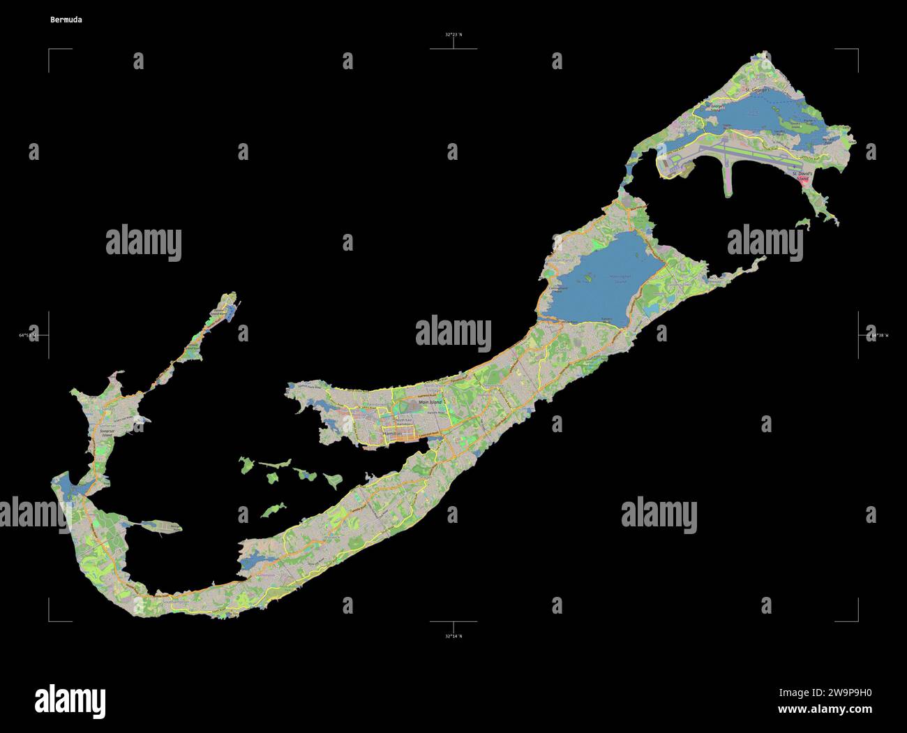 Shape of a topographic, OSM standard style map of the Bermuda, with distance scale and map ...